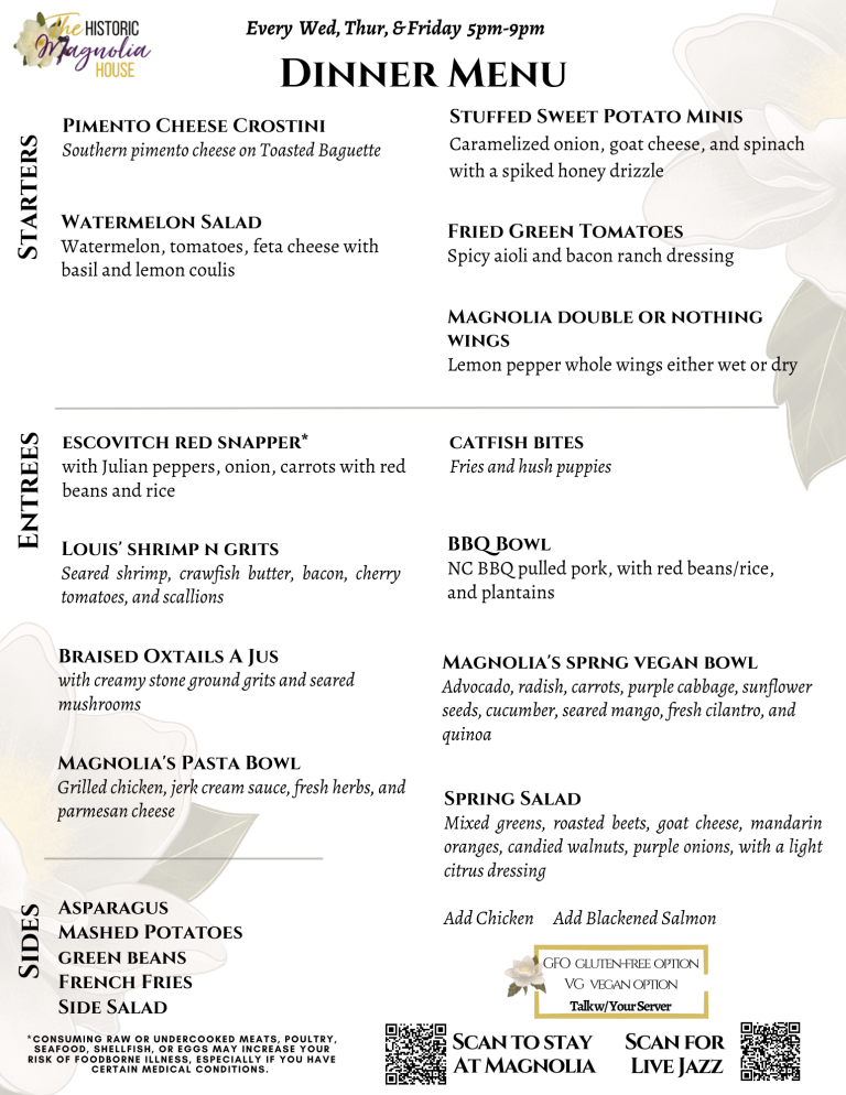 Brunch | Dinner Menu | The Historic Magnolia House